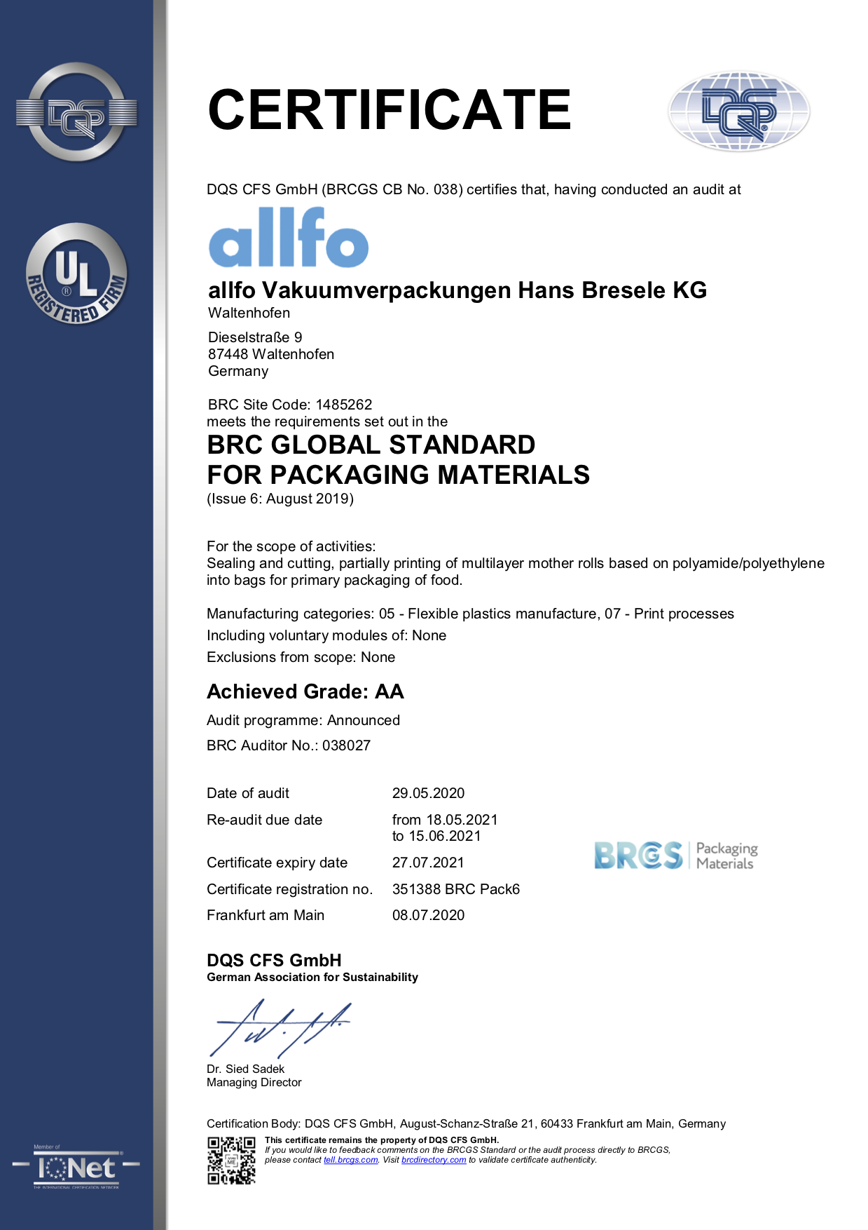 Certificates prove the quality standard of ALLFO.